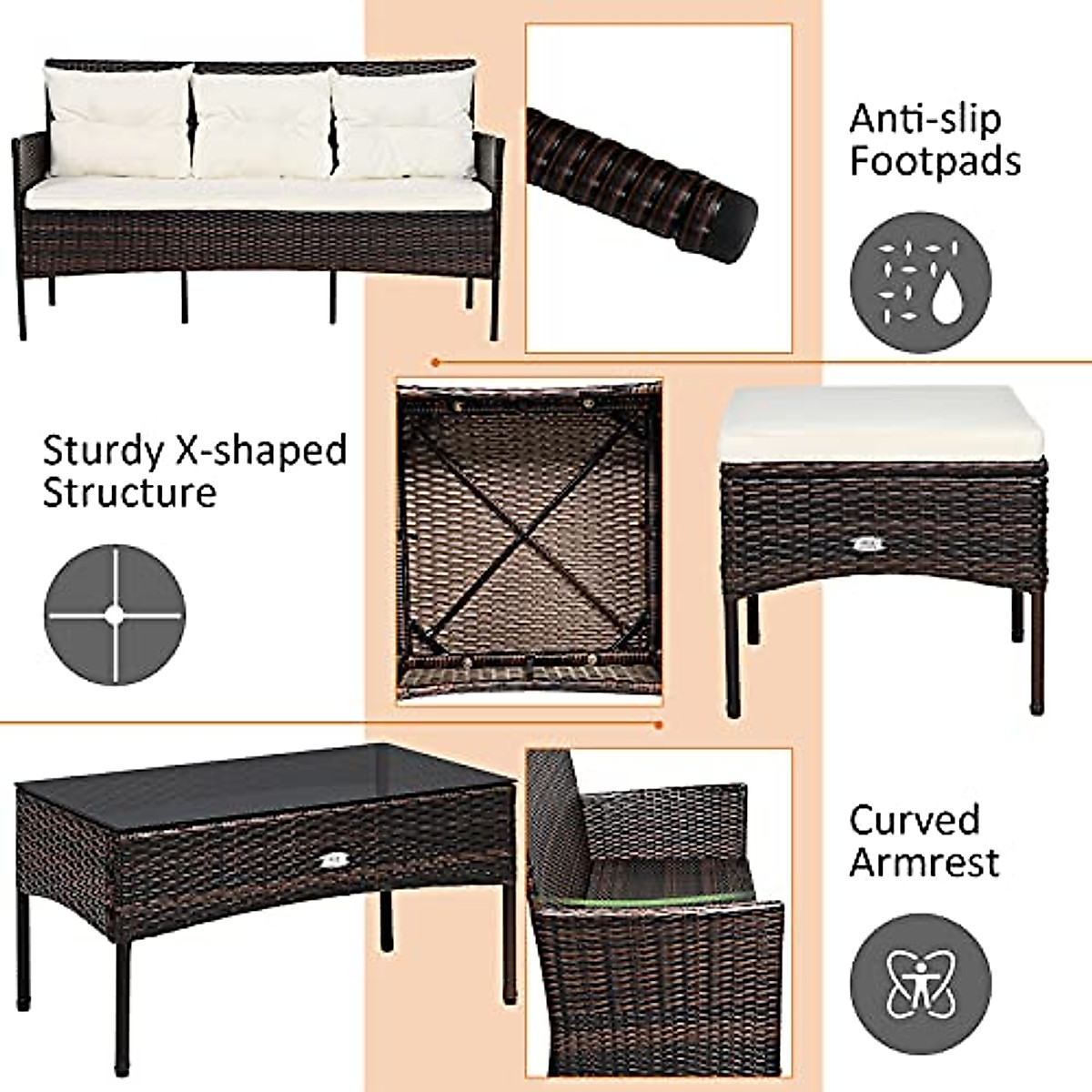 Tangkula 3 Pieces Patio Conversation Set, Outdoor PE Rattan Wicker Furniture Set W/Cozy Cushions, All Weather Sectional Sofa Set W/Tempered Glass Coffee Table for Poolside, Backyard, Garden