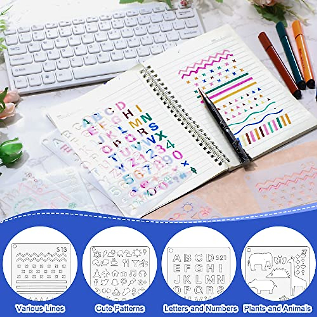 66 Pieces Bullet Stencils Journal Planner Templates Set DIY Drawing Templates Kit Plastic Journaling Productivity Accessories for Notebook Diary Scrapbook Graffiti Painting Projects Supply, 4 x 7 Inch