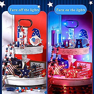 Yulejo 11 Pieces 4th of July Tiered Tray Decor with LED Lights Patriotic Wooden Signs God Bless America USA Gnome American Flag Star Independence Day Farmhouse Rustic Red White Blue Sign for Home