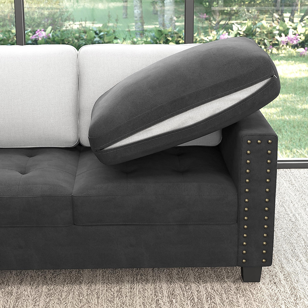 HONBAY Velvet Convertible Sectional Sofa L Shaped Couch Reversible 4 Seat Corner Sectional Sofa for Small Space, Grey