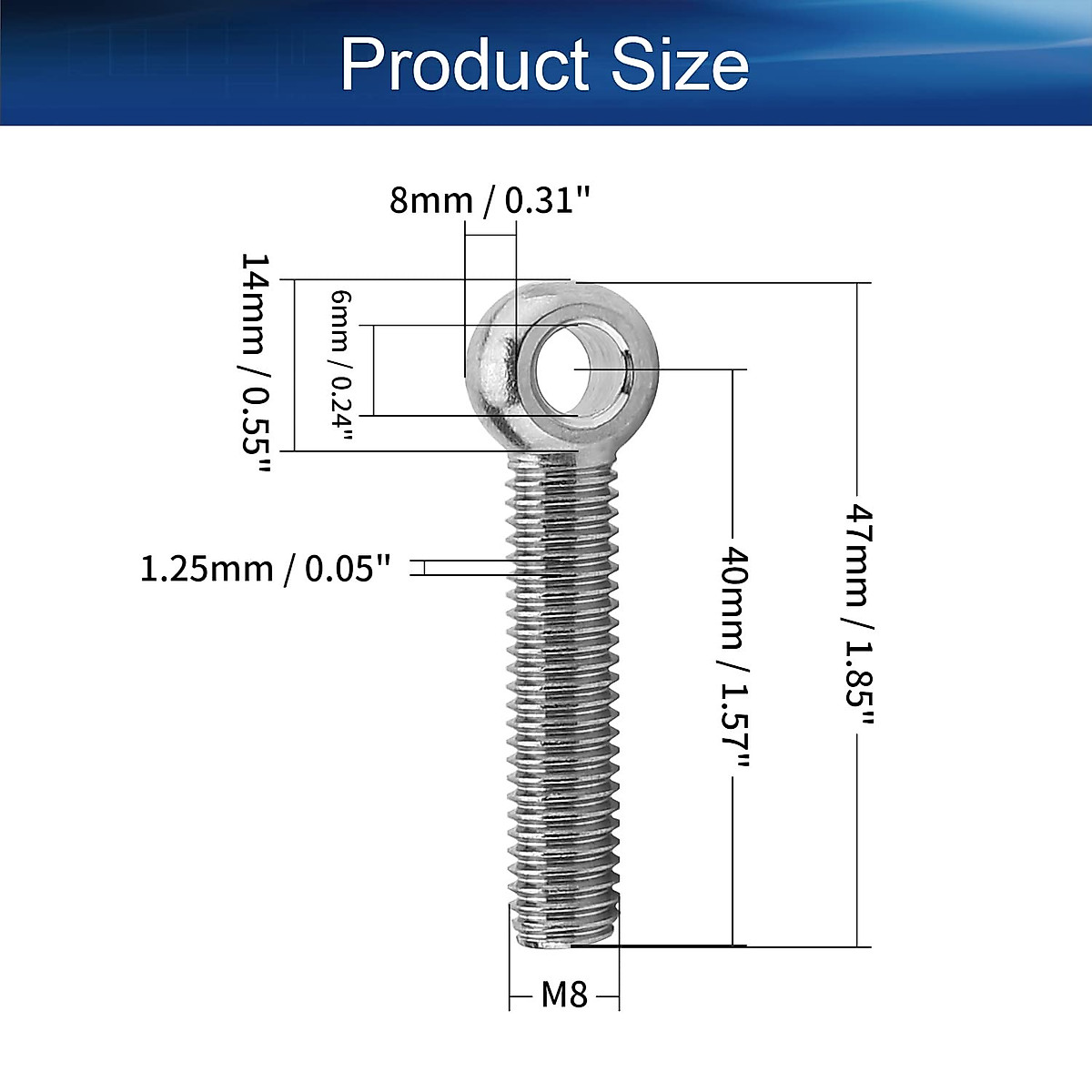 Yinpecly M8x40mm Eye Shape Bolt, 304 Stainless Steel Fish Eye Bolt, Lifting Ring Eye Bolts, 6mm x 14mm(IDxOD) Closed Rod Eye Screw Bolts Metric Thread, 2Pcs