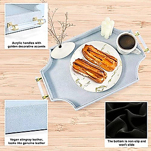 Sophinique Shagreen Vegan Leather Scallop Edges Serving Tray for Drinking & Food, Wooden Tray with Acrylic Handles for Watches, Mobiles, Cosmetics, Non-Slip Bottom Ottoman Decorative Tray (Blue)