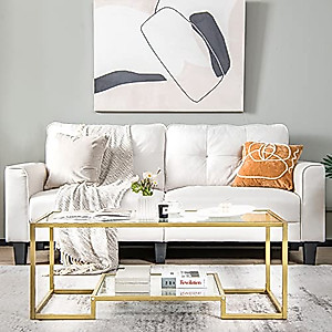 Tangkula Rectangular Glass Coffee Table, 45in Wide Modern Tempered Glass Center Table with Golden Steel Frame, 2 Tier Accent Table Home Furniture Décor for Tea Living Room Office (Gold, 45'' Wide)