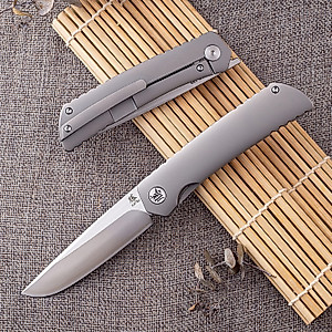 KATSU Folding Pocket Japanese Knife, Sandblasted Titanium Handle, ZDP-189 Super Steel Convex Grind Blade, Leather Sheath