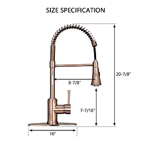 Akicon Antique Copper Pre-Rinse Spring Kitchen Faucet, Single Level Solid Brass Kitchen Sink Faucets with Pull Down Sprayer Modern Style