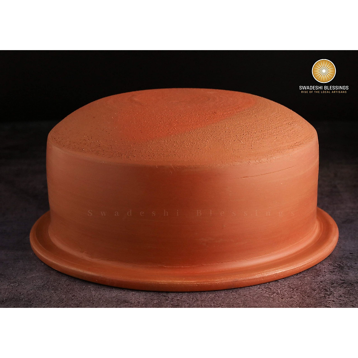 Swadeshi Blessings HandMade Exclusive Range Unglazed Earthen Kadai/Mud Handi/Mitti Ke Bartan/Clay Pot for Cooking & Serving with Lid(with Mirror Shine) + Free Palm Leaf Stand (5.5 Liters)