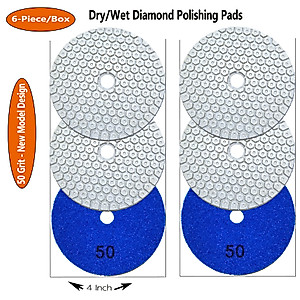 4 Inch New Model Dry Diamond Polishing Pads Grit 50, 1 Box of 6 Piece Dry/Wet Marble Buffing Pad for Granite Marble Quartz Concrete Stones(Need Water for Hard Tile)