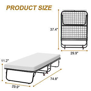 Twin Folding Bed Rollaway Portable Guest Bed Cot Space Saving Bed Frame No Assembly Sturdy Folding Cot with Mattress Wheels for Office Bedroom Guest Camping, White