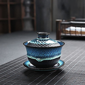 HonHeam Kiln Glazed Ceramic Gaiwan, Kungfu Porcelain Teacup, Chinese Retro Teacup, Sancai Gaiwan with Saucer with Lid