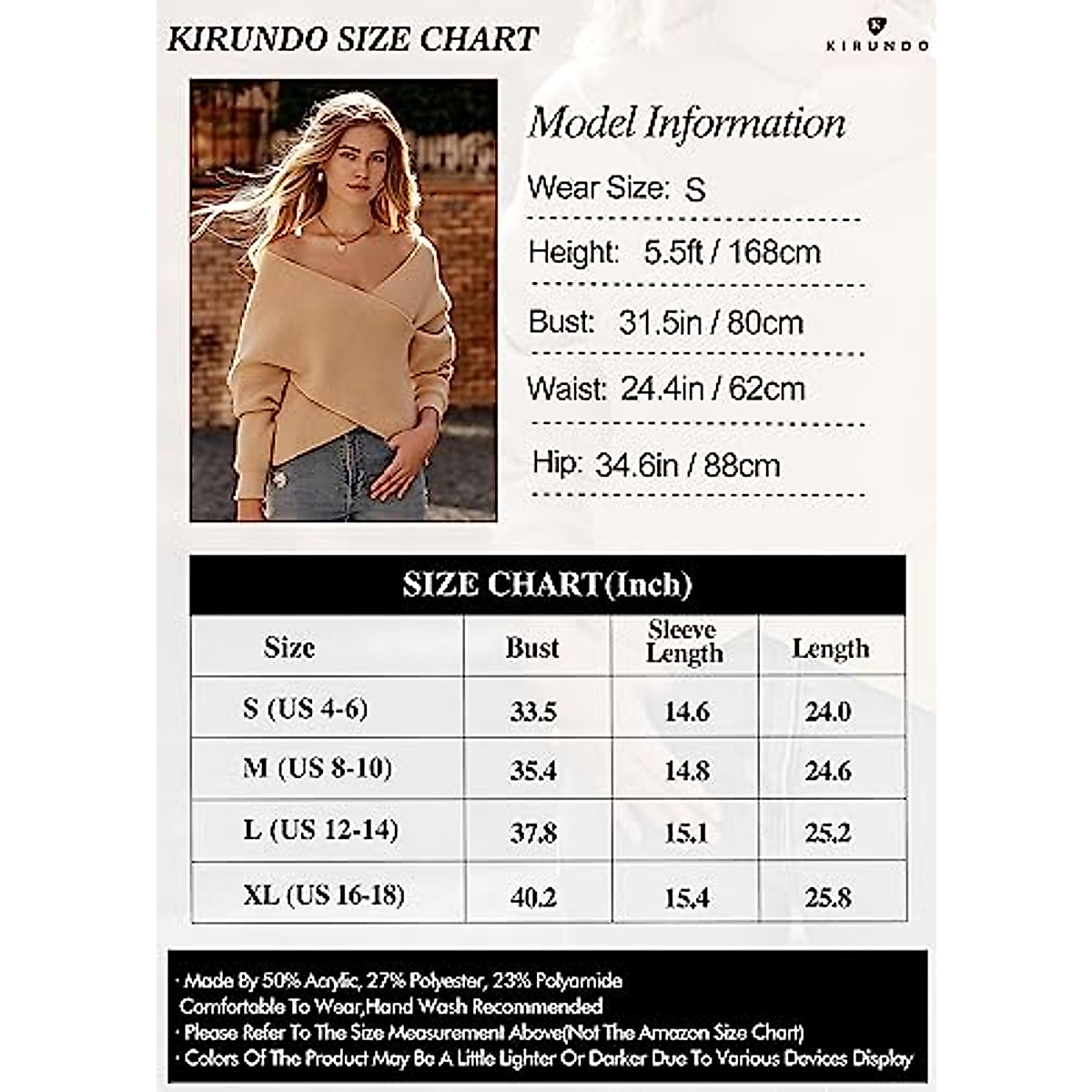 KIRUNDO 2023 Fall Winter Women's Long Sleeve Cross Wrap V Neck Knit Sweater Off Shoulder Backless Casual Pullover Tops(Camel, Small)