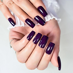 Coolnail Dark Purple Press On False Nails Medium Length Square Reusable Acrylic Deep Violet Solid Color Nail Art Tips Fake Fingernails for Women & Girl