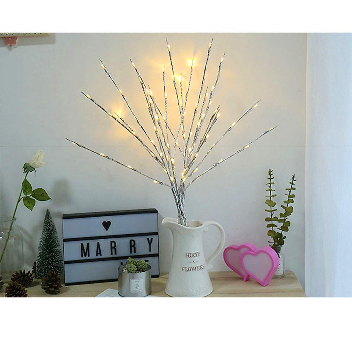 Autohigh 3-PK Lighted Branches 60 LEDs Warm White Lighting Artificial Willow,Battery Operated,Silver Decoration for Living Room Bedroom Livingroom,Home