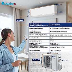 Klimaire 36,000 BTU 19 SEER2 Wall Mounted Ductless Mini Split Inverter A/C Heat Pump System w/ 16’ Installation Kit & Wall Mounting Bracket 230V