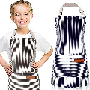 Jiuguva 2 Pack Kids Apron Adjustable Chef Apron Cotton Toddler Stripe Apron Cooking Aprons with 2 Pockets for Children Baking(Blue, Brown)