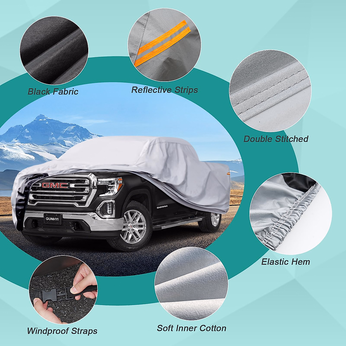 GUNHYI Pickup Truck Cover Waterproof All Weather, 6 Layer Heavy Duty Truck Cover Universal Fit Ford F150, Chevy Silverado, GMC Sierra, Dodge Ram 1500 Extended/SuperCrew Cab (Truck, up to 248 inch)