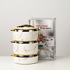 Hywisnok Luxury 3-Piece 2.6/2.1/1.6qt Thermal Casserole Dish Set with Lids, Insulated Stainless Steel Container for Hot & Cold Food, Serving Bowl for Buffets/Parties-Marble White