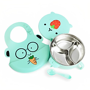 qianliyer Stainless Steel Kid Bowls Stainless Steel Suction Plates for Baby Divided Toddler Plates With Suction, Lid and Baby Bibs(Green)