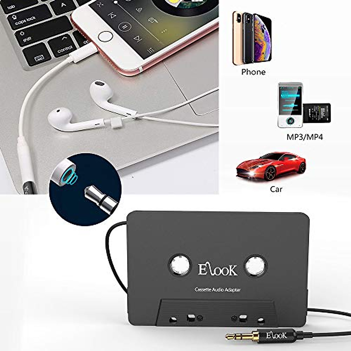 Elook Cassette Aux Adapter Kit for Car, Includes One Smartphone to 3.5 mm Headphone Jack Adapter Black