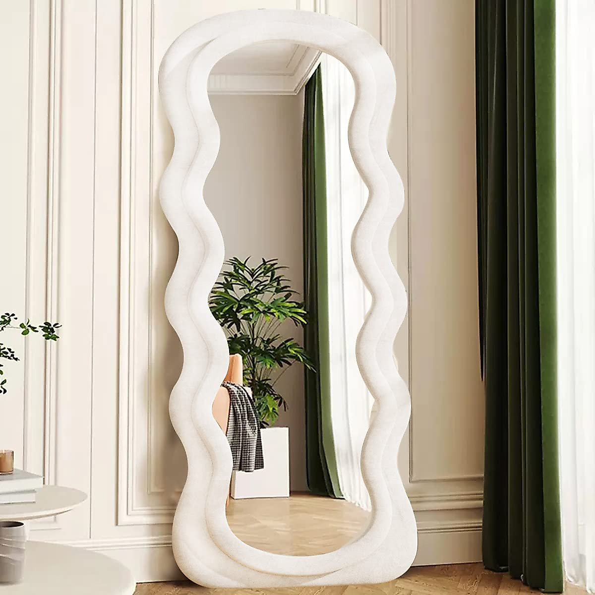 TinyTimes 63" x 24" Wavy Full Length Mirror, Irregular Floor Mirror, Freestanding, Flannel Frame, Fashion Modern Design Wavy Wall Mirror, Large Wall Mirror-White