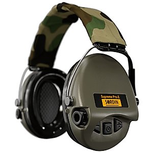 Sordin Supreme Pro-X Ear Defenders for Hunting & Shooting - Active & Electronic - Camo Band & Gel Kits - Green Ear Muffs