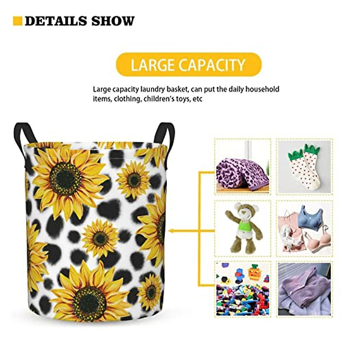 KiuLoam Sunflowers On Cow Print 19.6 Inches Large Storage Basket Collapsible Organizer Bin Laundry Hamper for Nursery Clothes Toys