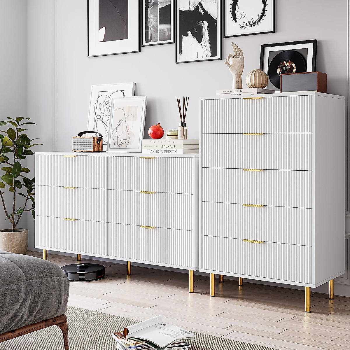 IDEALHOUSE White 6 Drawer Dresser for Bedroom, 56” Wide Wood Dresser Organizer with Metal Legs, Modern Chest of Drawers for Bedroom, Hallway, Home Office