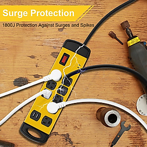 Heavy Duty Surge Protector with USB,8 Outlets Metal Power Strip,Heavy Duty Power Strip with 6ft Cord,1800 Joules,15A Circuit Breaker,Wall Mount,Workshop,Garage Extension Cord