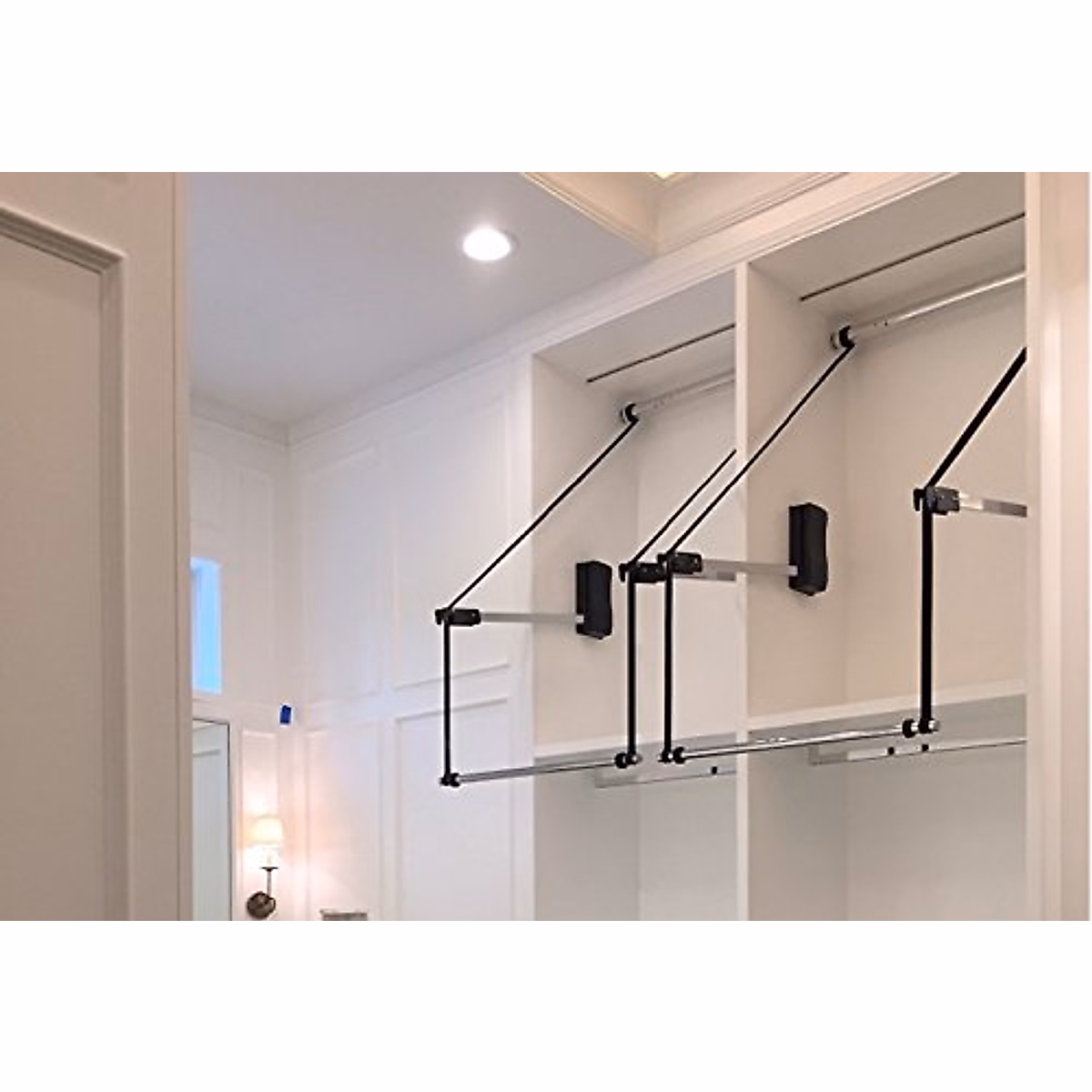 StorageMotion Motorized Closet Rod/Pull Down Extended Lift; Drops 50"; Width Between 36" to 48"; Blk Polymer Base/Chrm Plated Arms/Chrm Closet Rod; 75lb Weight Capacity