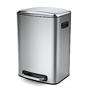 pouseayar 13 Gallon Stainless Steel Foot Pedal Trash Can with Soft Close Quiet Lid, Stainless-Steel Thickened Body Rectangular Garbage Can for Commercial/Kitchen/Home/Office Etc - Silver