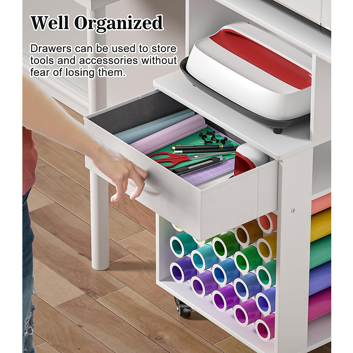 Rolling Craft Storage Cart for Cricut,Crafting Cabinet Workstation with 25 Vinyl Roll Holders,Organizer and Storage Cart for Cricut Machine,Craft Cart and Storage Table for Craft Room&Home&Office