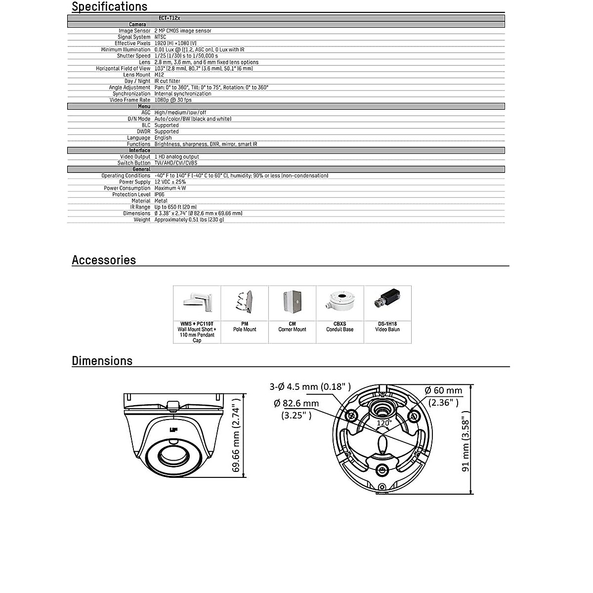Real HD ECT-T12F2 1080P 2MP 2.8mm Wide Angle TVI IR Turret Dome Camera Outdoor Compatible with Hik Vision DVR