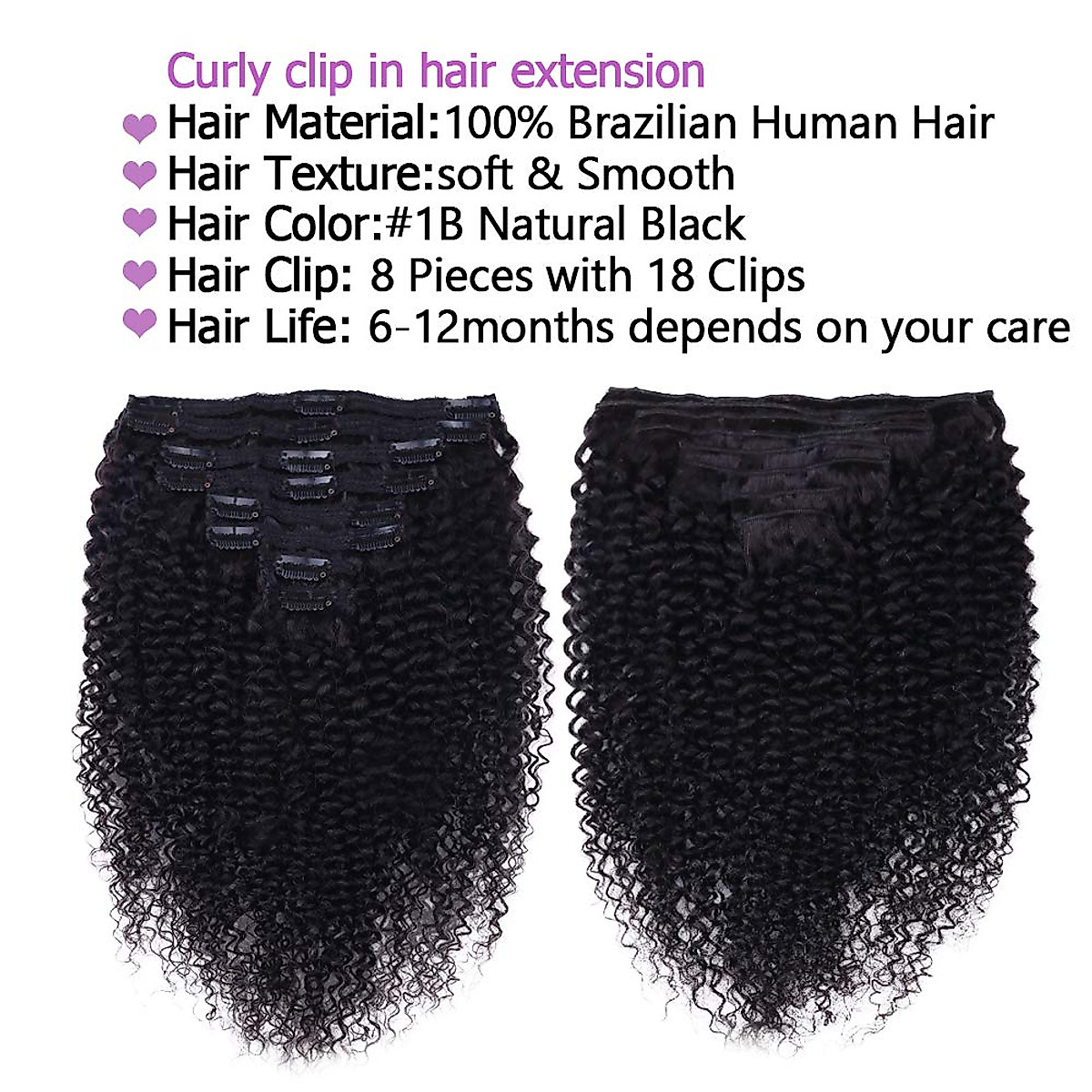 Clip In Extension 3C 4A Kinky Curly Full Head for Black Women Brazilian Remy Human Hair Natural Color 8Pcs with18clips 120g/Set (14 inch, curly wave)