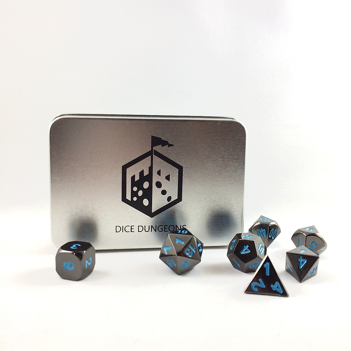Dice Dungeons Black Frost Metal 7pc Dice Set with Display Case for D&D and Other RPGs