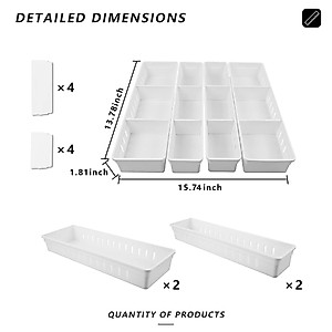 Sarajoye 4 - Piece Adjustable Flatware Cooking Utensil Organizer for Kitchen Drawers - Expandable 13 Slots Silverware Drawer Organizer Tray Holder for Organization Storage (2 Large + 2 Small, White)