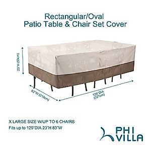 PHI VILLA Patio Table Set Covers Waterproof, Outdoor Dining Table and Chair Cover with Pop-up Supporter, Extra Large Rectangular Heavy Duty Patio Cover 129"L X 83"W X 23"H, Beige & Brown