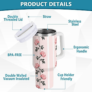 Adornlife Pink Striped Rose 30 oz Tumbler with Handle and Straw Lid, 100% Leak-proof Travel Coffee Mug, Stainless Steel Insulated Cup For Beverages, Cupholder Friendly