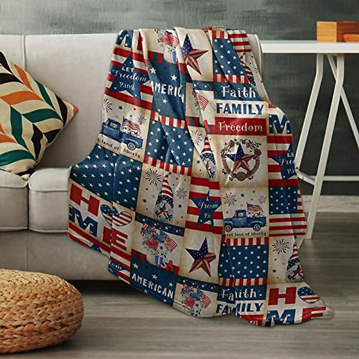 Patriotic Gnome Blanket USA Flag Throw Blankets Retro Plaid Soft Flannel Fleece Comfort Blanket, Check American Theme 4th of July Cozy Warm Bed Cover for Sofa Couch Chair 40x50In