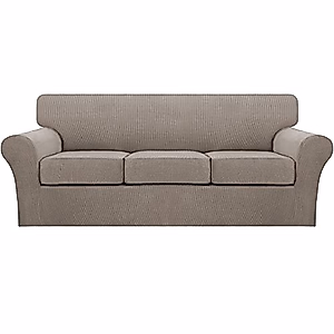 4 Piece Sofa Covers For 3 Cushion Couch Sofa Slipcover Soft Couch Cover For Dogs-Washable Sofa Furniture Covers With 3 Individual Cushion Covers, Feature Thick Jacquard Fabric (3 Cushion Sofa, Taupe)