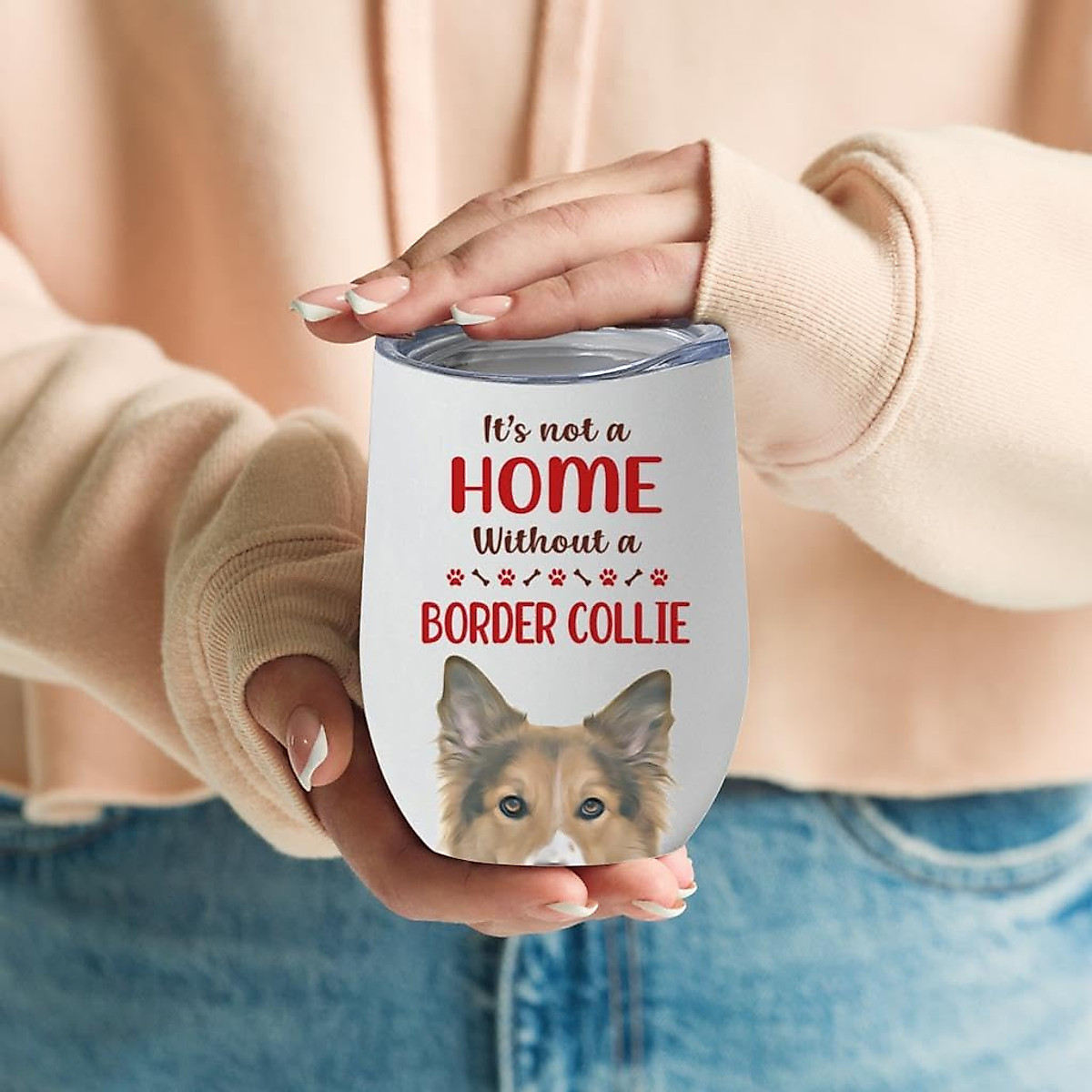 Tricolor Border Collie Wine Tumbler 12oz Stainless Steel Vacuum Insulated Cup With Lid - Its Not A Home Without Cute Animal Peeking Face - Gifts for Dog Lovers