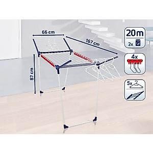 Leifheit Pegasus 200 Solid Standing Clothes Airer with Accessories, Folding Clothes Rack for Outdoor and Indoor, 20 m Clothes Horse with 4 Clips for Drying Small Items and 5 Hangers [Amazon Exclusive]