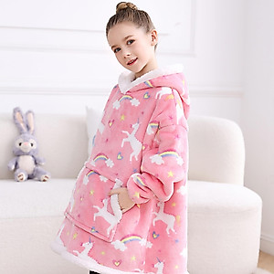 Wearable Blanket Hoodie for Kids, Super Warm and Soft Sherpa Flannel Sweatshirt Blanket with Giant Pocket, Hooded Blanket for 2-6 Year Old Girls Gifts, Pink Unicorn