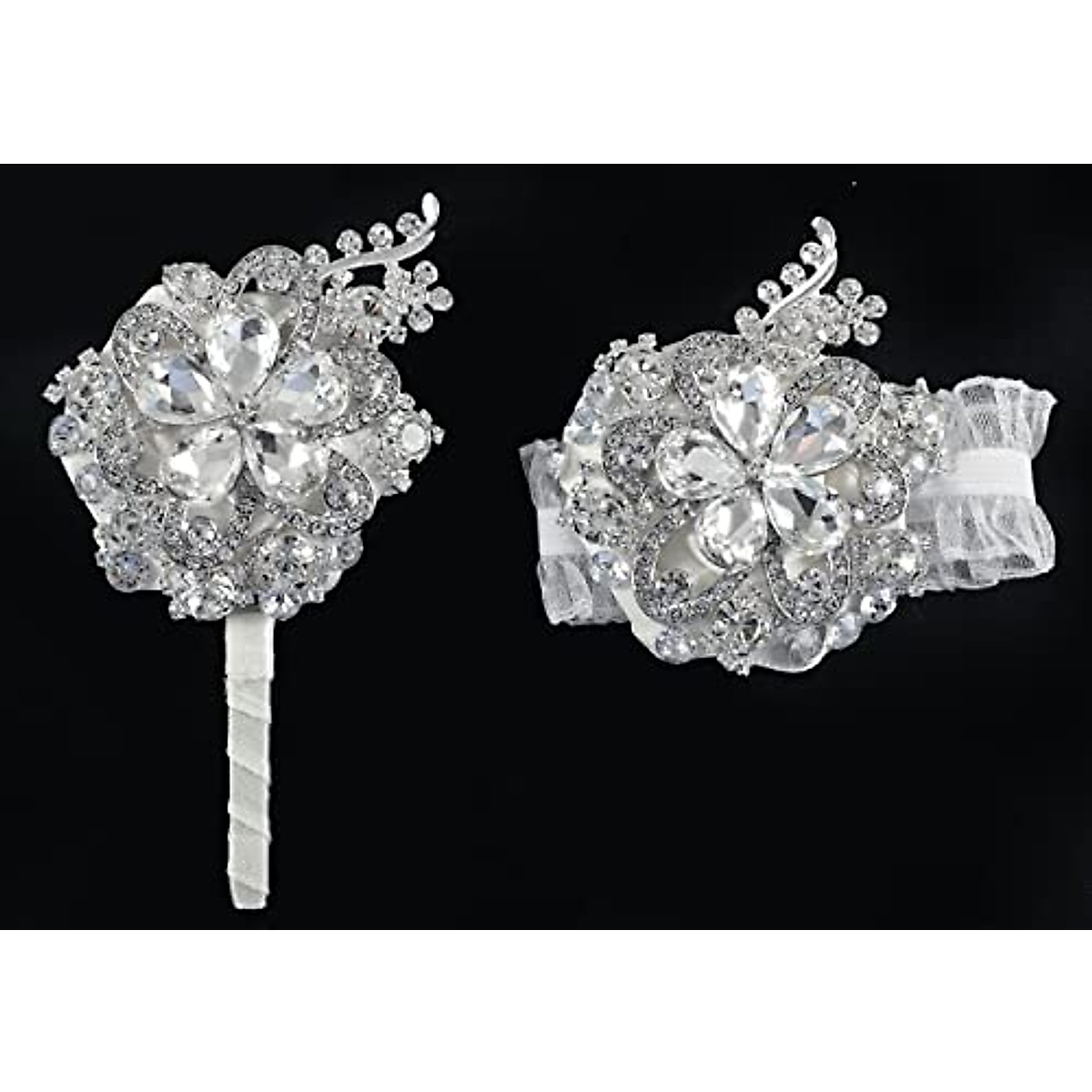 2 Pack Corsage Wristlet Luxury Dazzle Crystal Diamond Boutonniere Set Wrist*1 for bride and Corsage*1 for groom on Wedding Party