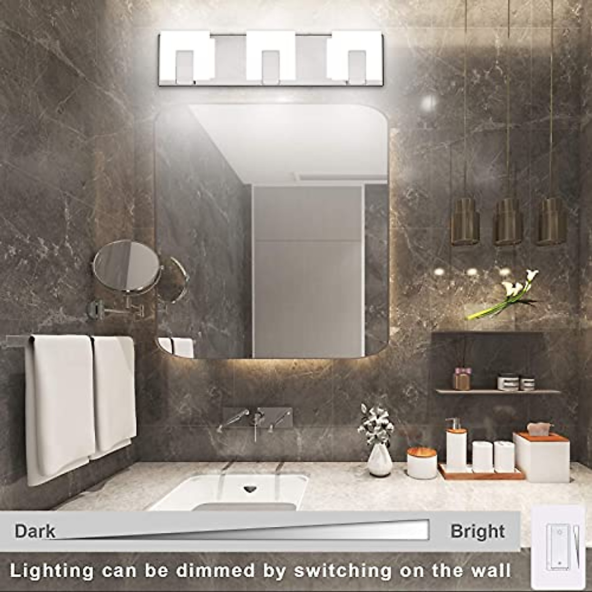 Aipsun 3 Lights Dimmable Modern LED Vanity Light for Bathroom Frosted White Acrylic Chrome Up and Down Bathroom Wall Light Fixtures Over Mirror(White Light 6000K)