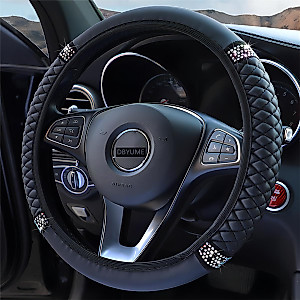 DBYUME Leather Car Steering Wheel Cover with Bling Bling Crystal Rhinestones, Universal 15 Inch Car Anti-Slip Steering Wheel Protector for Women Girls (Black)