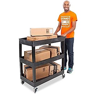 Stand Steady Tubstr 3 Shelf Utility Cart | Heavy Duty Service Cart Supports Up to 400 lbs | Tub Cart with Deep Shelves | Great for Warehouse, Garage, Cleaning, Office & More (32 x 18 / Black)