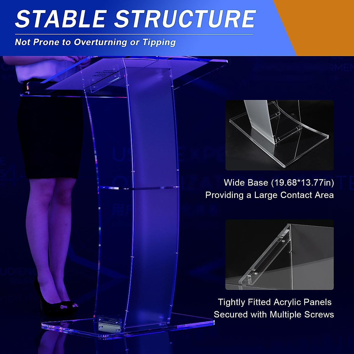 CheriMuMu Acrylic Podium Stand, Modern Durable Acrylic Transparent Arc Podium Professional Clear Presentation Lectern Stand up Floor-Standing Podium for Office, Classroom, Restaurant and More