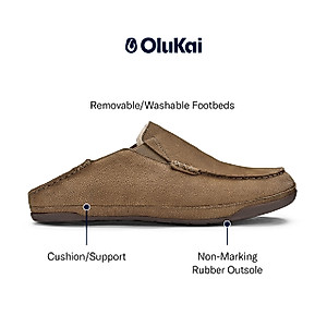 OLUKAI Kipuka Hulu Men's Leather Slippers, Premium Nubuck Leather Slip On Shoes, Shearling Lining & Gel Insert, Drop-In Heel Design, Toffee/Toffee, 12