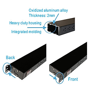 WatchfulEyE WTH-CS/PDU-US 125V/15A Heavy Duty Metal 1U Rack Mount Basic PDU Power Strip 10 ft Extension Cord Integrated Circuit Breaker