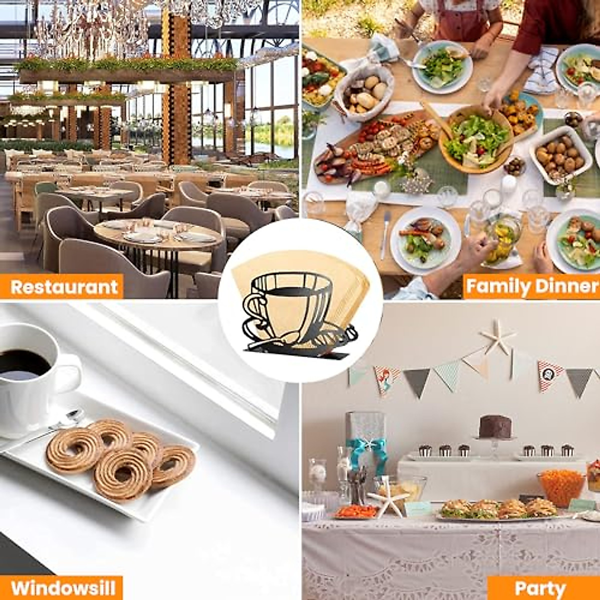 Paper Napkin Holder Stand for Kitchen Tables and Counter Tops | Black Galvanized Napkin Caddy | Coffee House Restaurant Décor (Coffee Cup)