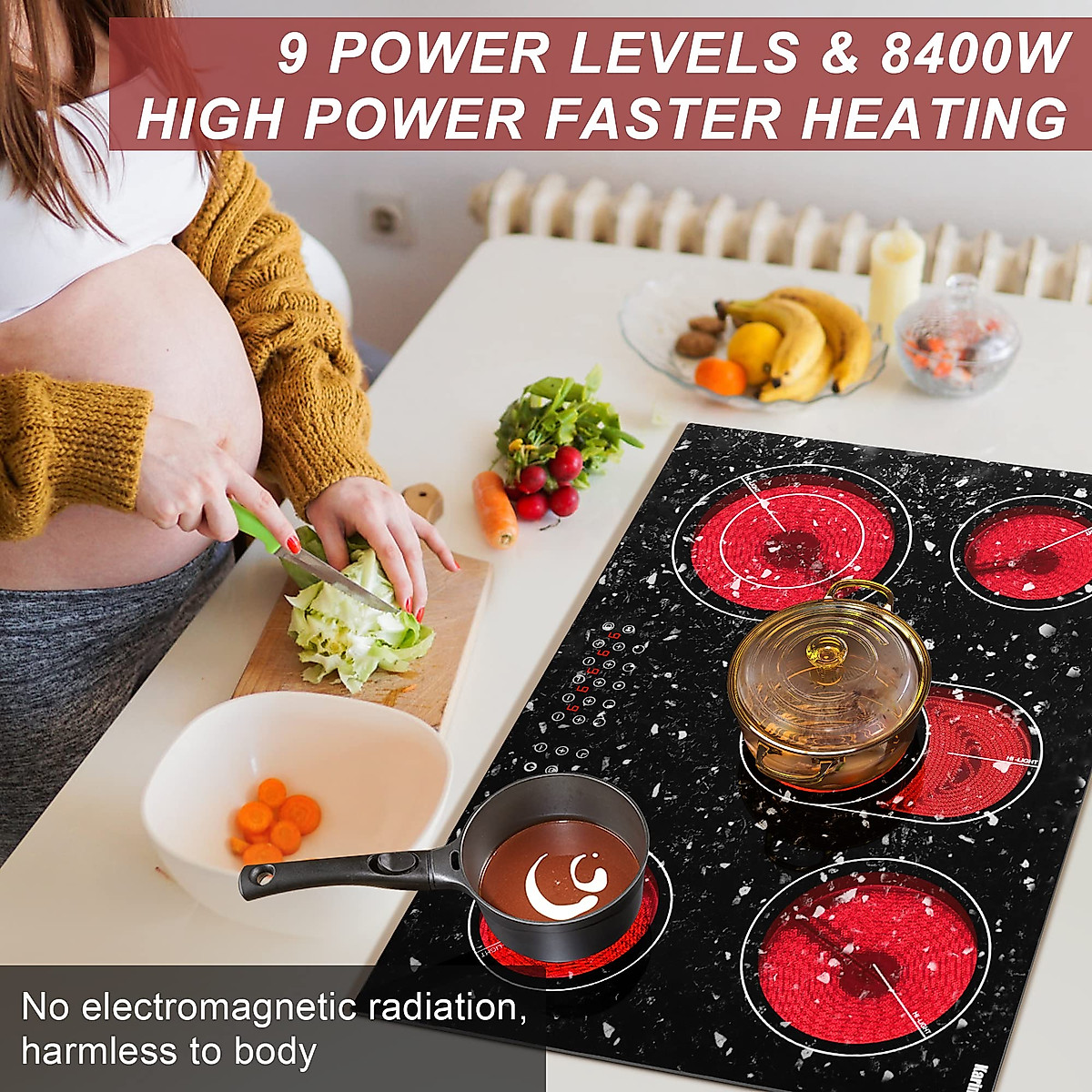 Karinear Electric Cooktop 30 Inch, Built-in Electric Stove Top 5 Burners Ceramic Cooktop with Marble Pattern, 8400W, 220-240V Hard Wire No Outlet Plug, Glass Cooktop